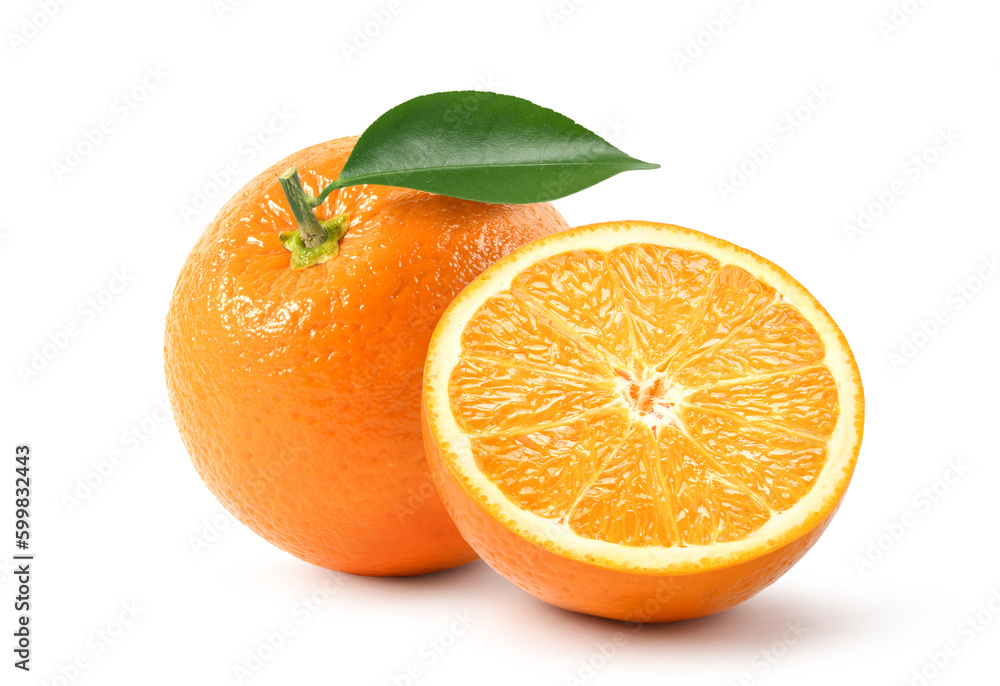 Fresh orange with cut in half isolate on white background. Full depth ...
