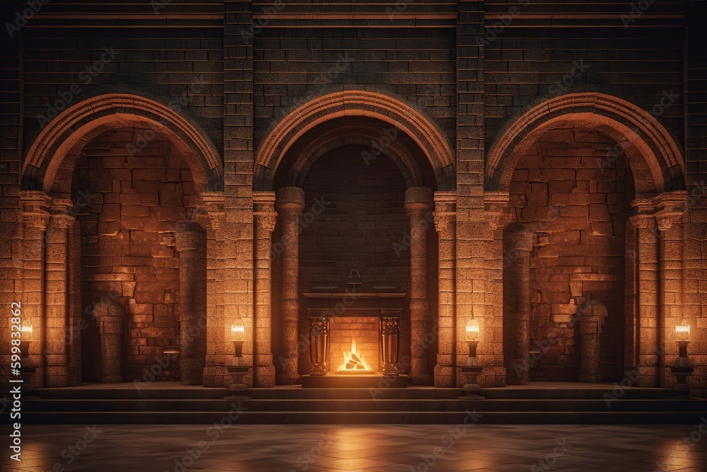 Ancient classic architecture stone arches. Ai. With fire flames Stock ...
