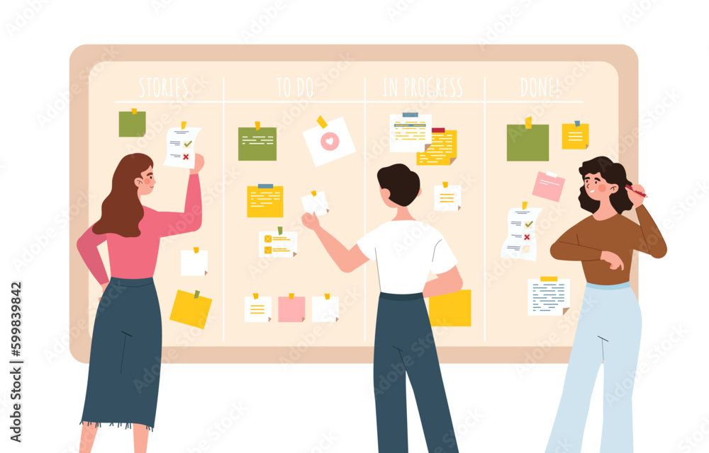 Kanban board concept. Man and woman collect colorful paper with tasks ...