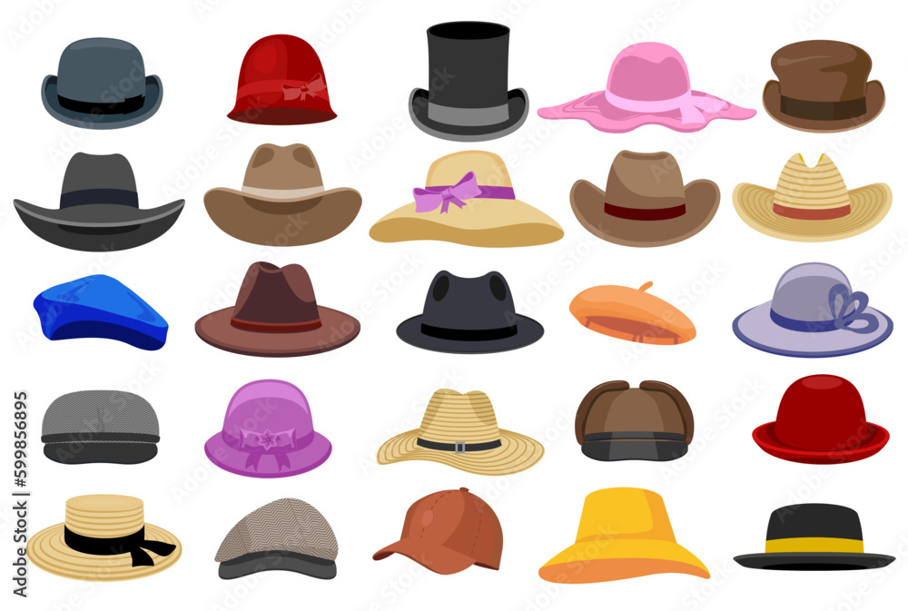Cartoon Hats and headgears set. Stylish summer and autumn men and women ...