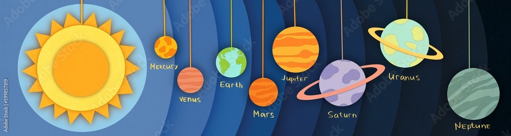 Horizontal cartoon cut paper style educational poster with Milky Way ...