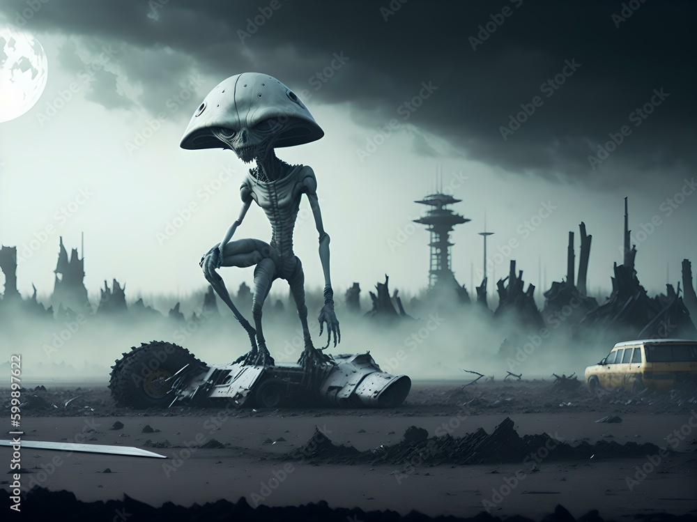 Stock-Illustration „Alien poses triumphant over humanity; depiction of ...