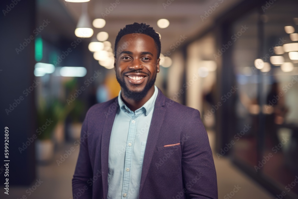 Young smart african-american businessman, smiling face, standing in ...