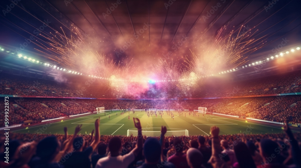 Fireworks display in a football stadium, full capacity soccer stadium ...