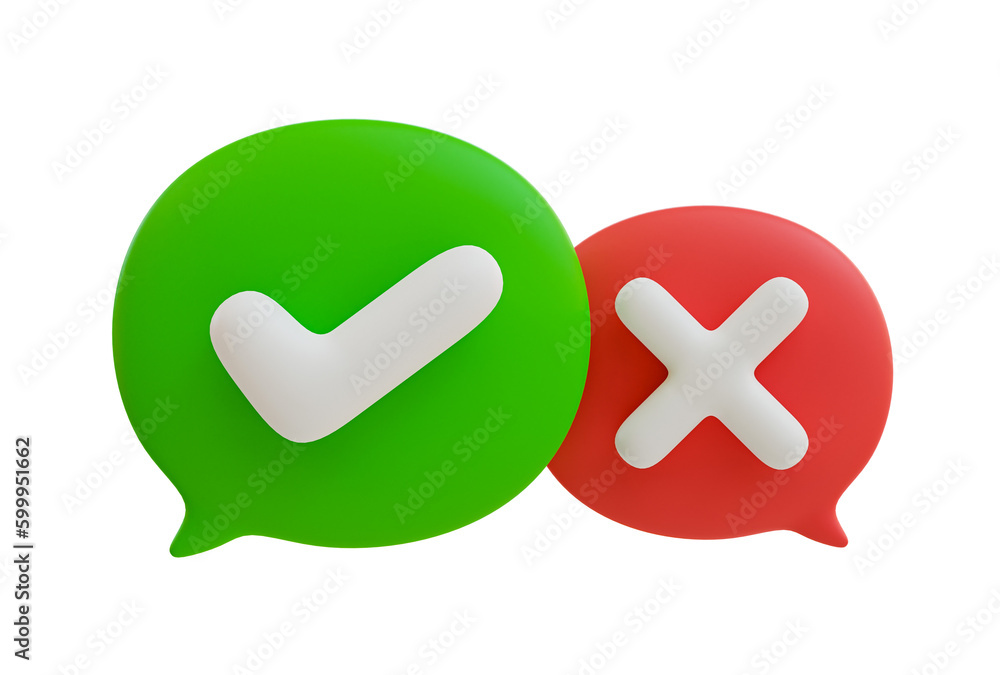 3d minimal green tick check mark and cross mark symbols. yes and no, rejected and approved ...