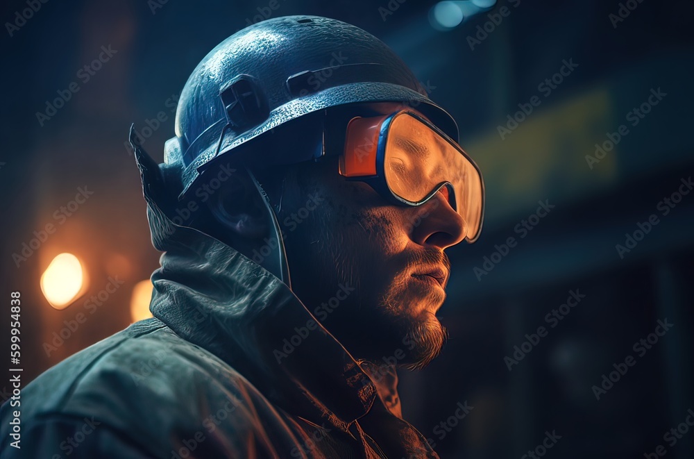 A steelmaker in a helmet at a metallurgical furnace watches hot steel ...