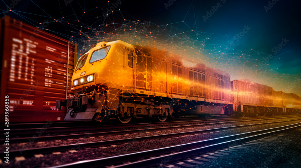 Cargo train on a background of analytics data represents the ...