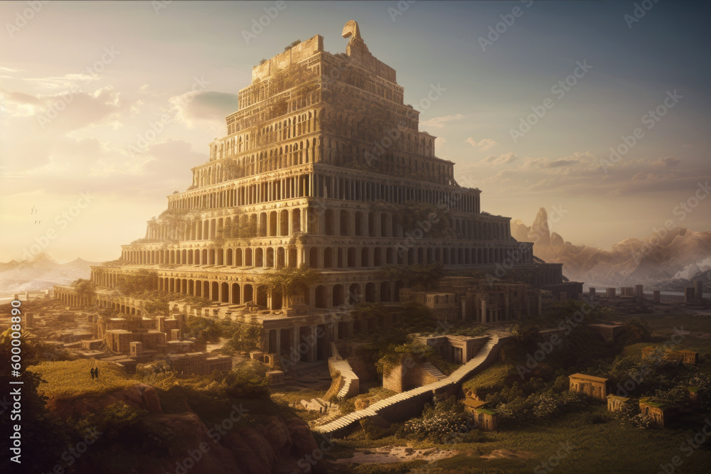 Ancient city of Babylon with the tower of Babel, bible and religion. AI ...