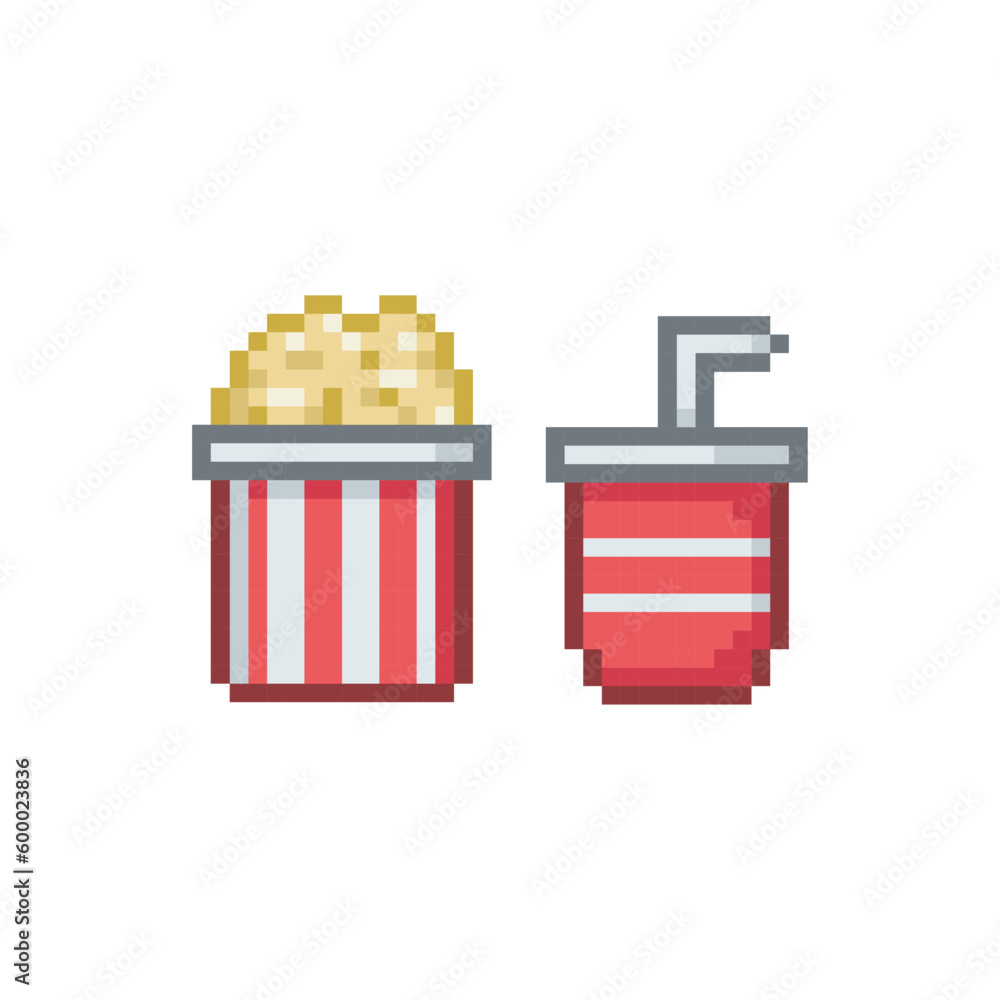 Popcorn and fizzy drink, pixel art food Stock Vector | Adobe Stock