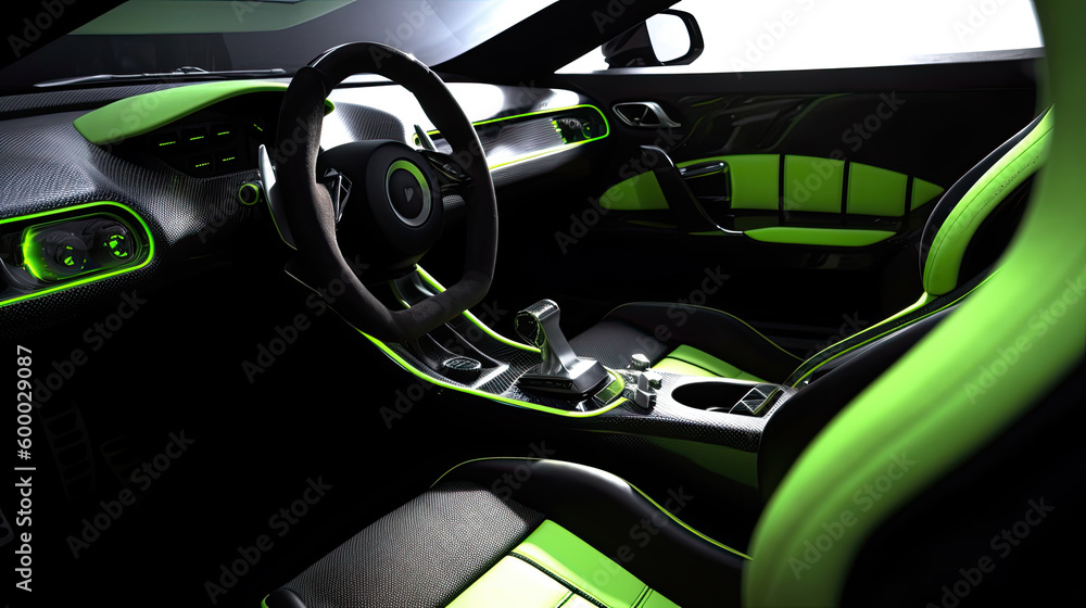 Modern green supercar interior with the leather panel, sport seats ...