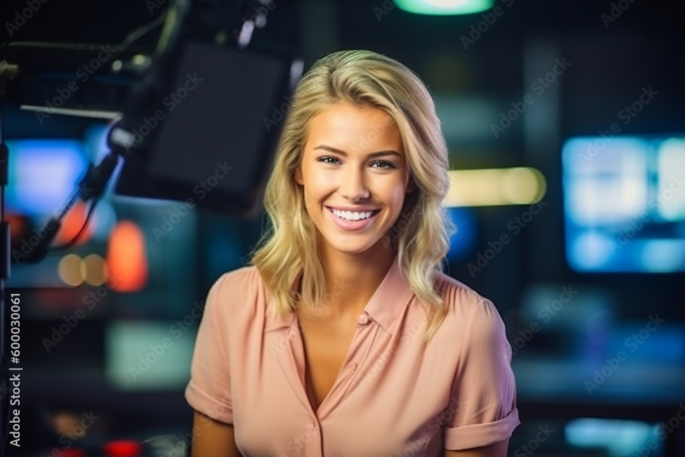 tv presenter in the tv studio, portrait video recording, smiling ...