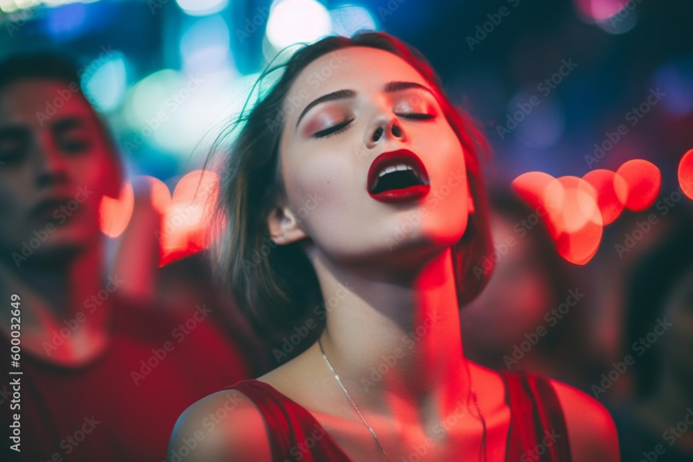 extremely high emotional young woman dancing in a nightclub or couple ...