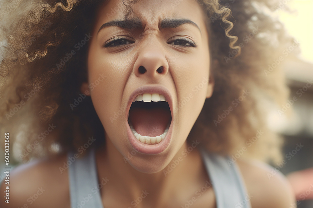 young adult woman screaming loudly, mouth wide open, feelings hormones ...