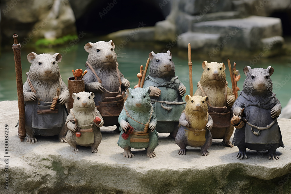 group of the capybara nisqa folk with stone inca-weaponry like Chiqtana ...