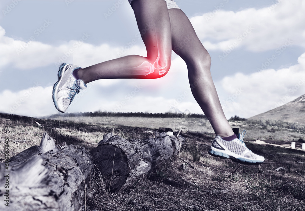 Legs of woman running, red and knee pain with overlay, fitness and ...