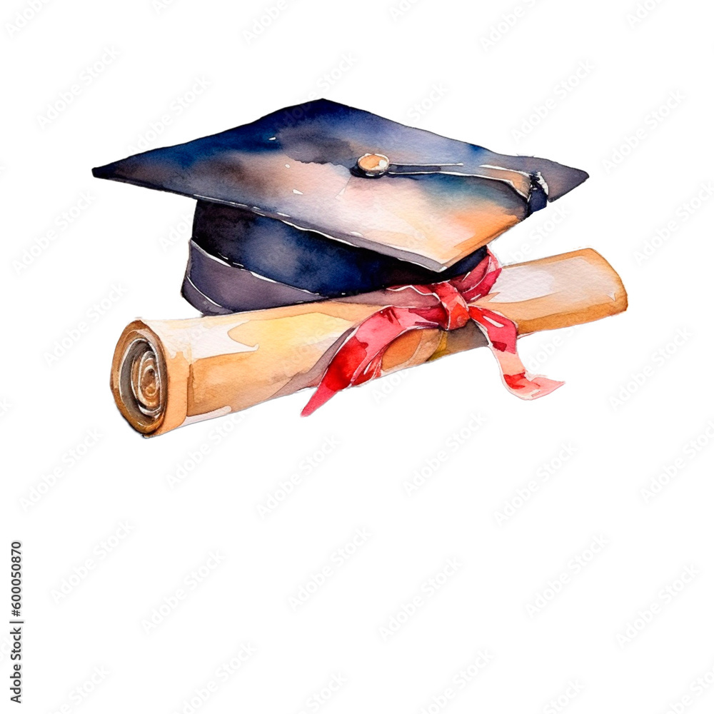 Graduation cap with diploma roll watercolor AI generative illustration ...