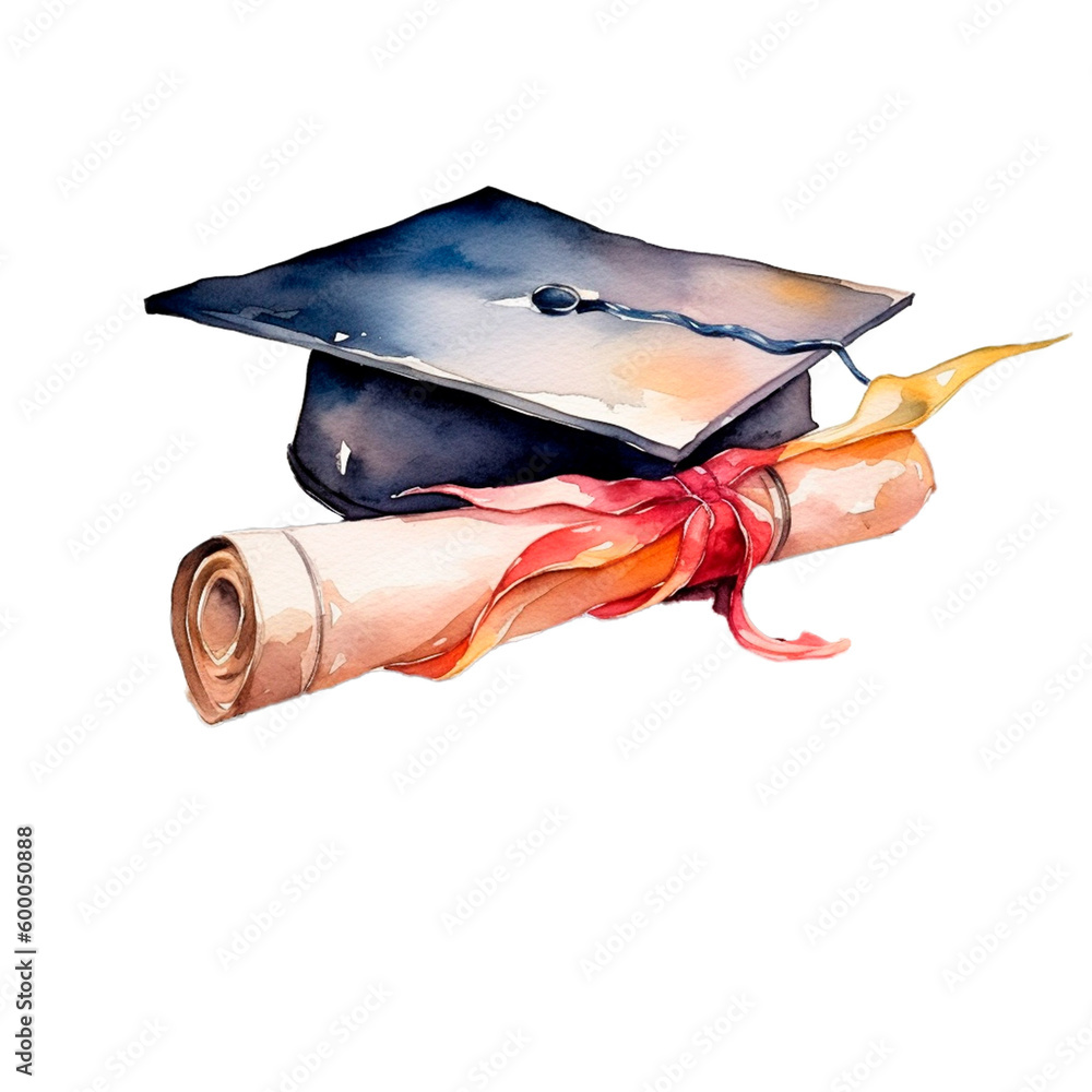 Graduation cap with diploma roll watercolor AI generative illustration ...