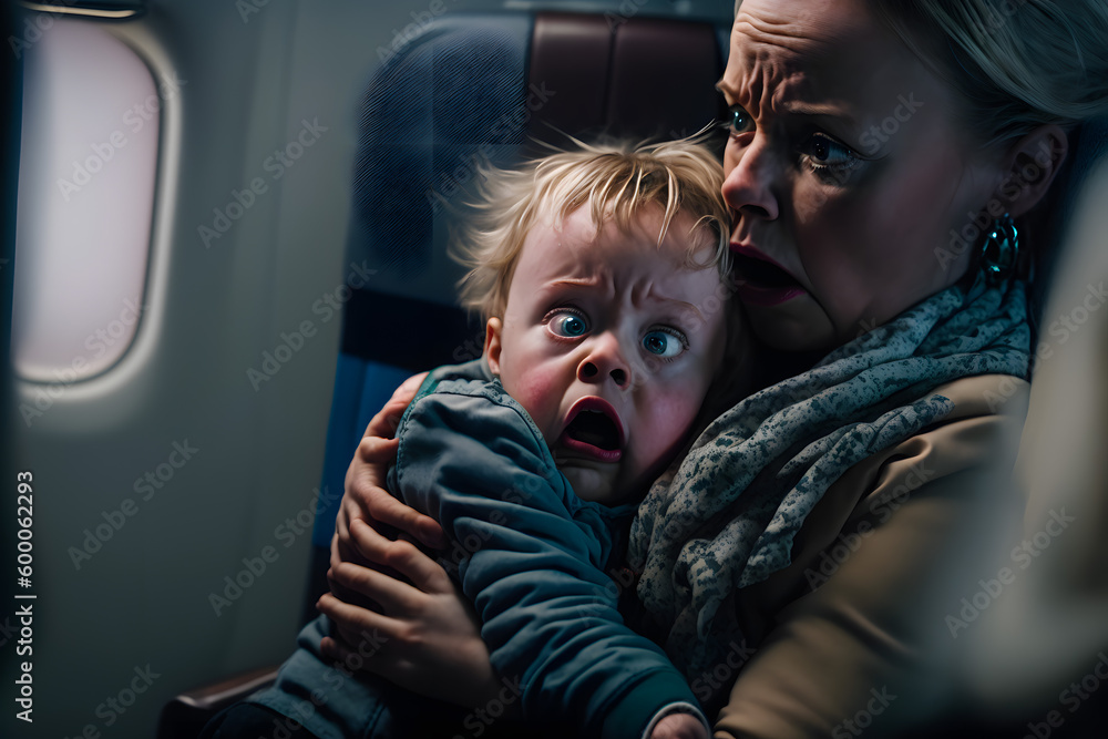 Mother holds in her arms a frightened crying child in an airplane on a ...