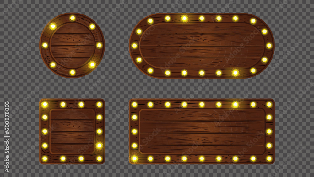 Wooden retro light sign board game banner vector. Cartoon oval plank ...