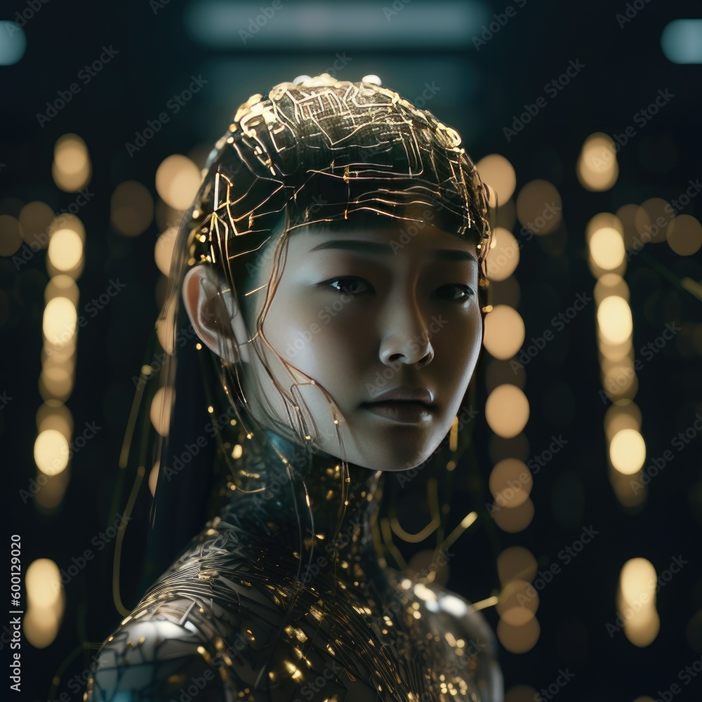 Golden asian humanoid AI Cyber person, thinking with a neural network. Gold robot woman ...