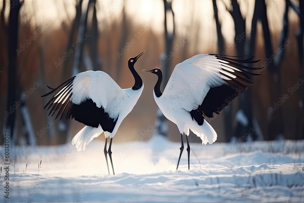 Dancing Cranes. The ritual marriage dance of cranes. The red-crowned ...