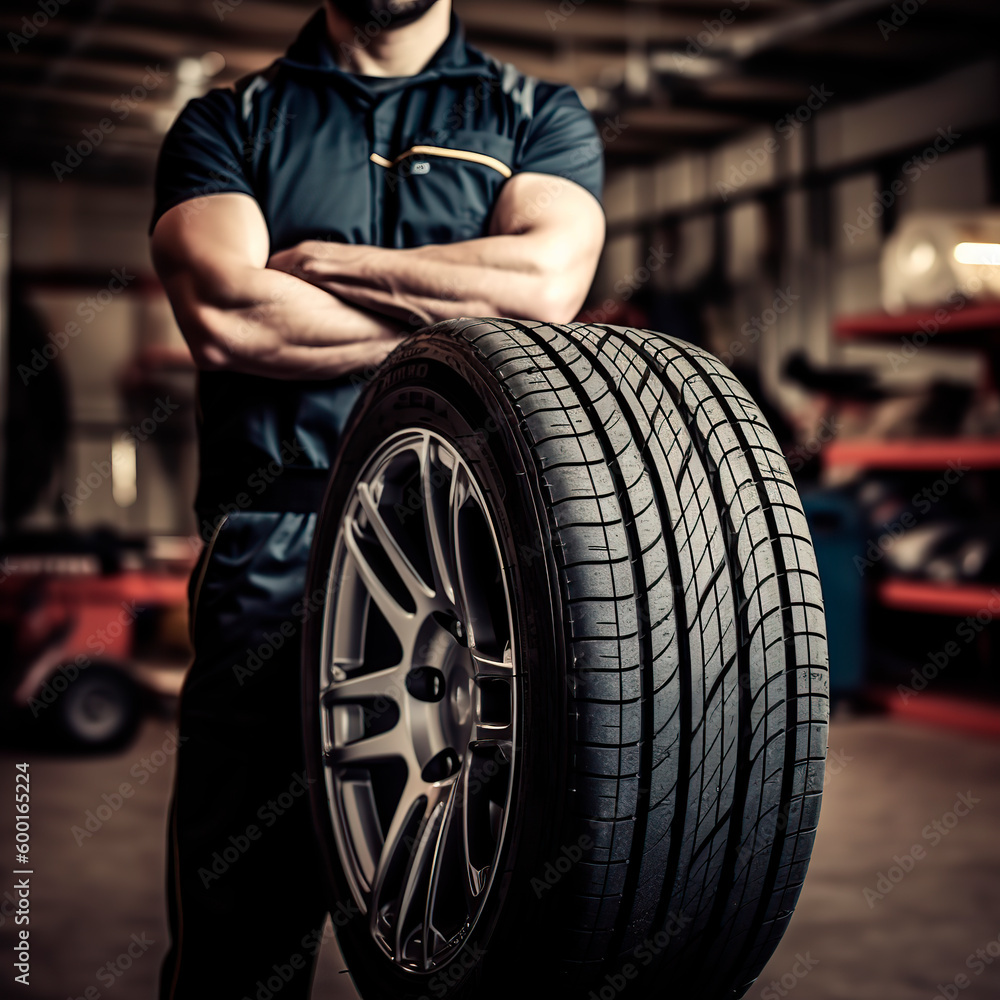 tire at repairing service garage background. Technician man replacing ...