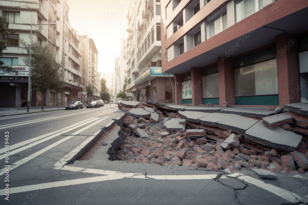 City street with destructed asphalt road after disaster. Damaged urban ...