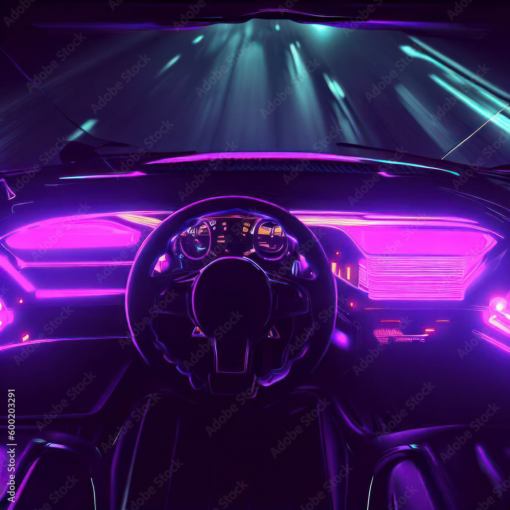 Driving in the night, futuristic supercar in purple neon colors, view ...