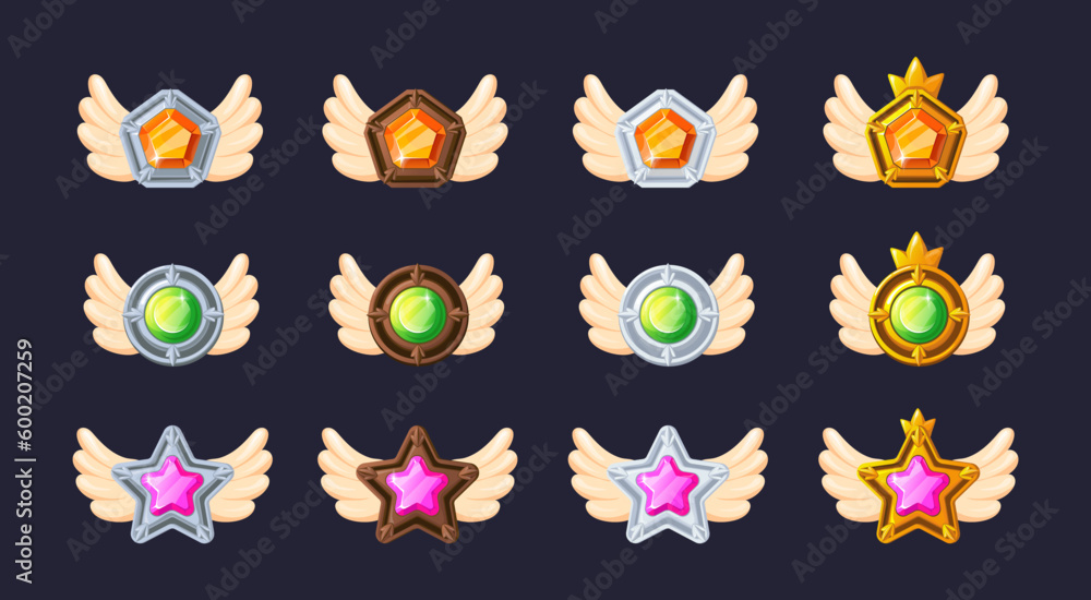 Game ranking levels. Rating award badges with crystal gem wings and ...