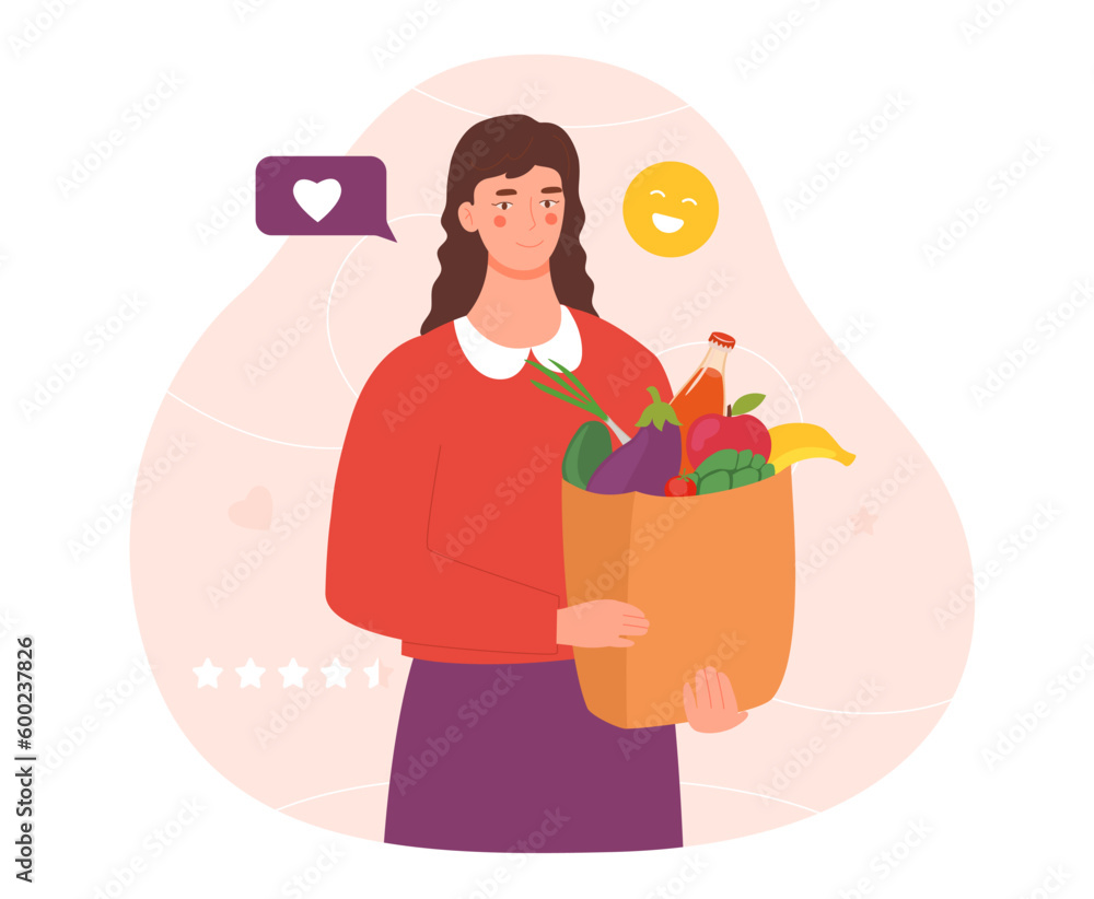 Image vectorielle Stock Woman holds bag with groceries. Young girl ...