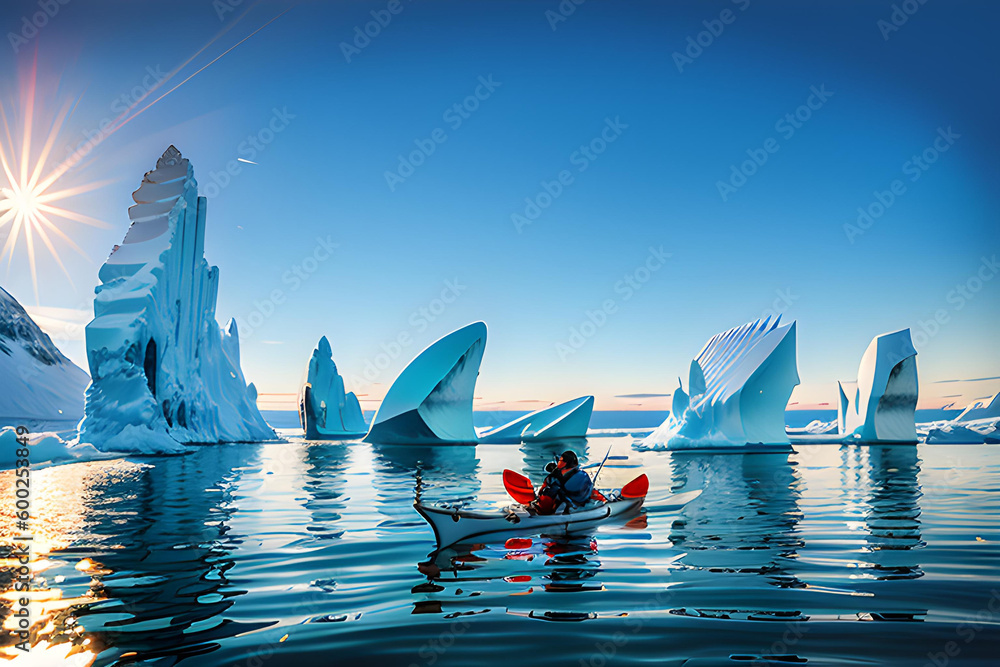 Inuit kayak in arctic sea, illustration Stock Illustration | Adobe Stock