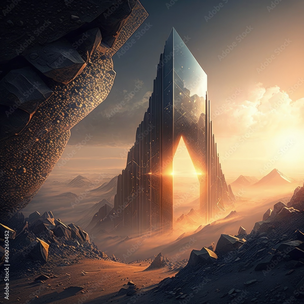 Desde la cima de una montaña, puedes ver una ciudad futurista ...