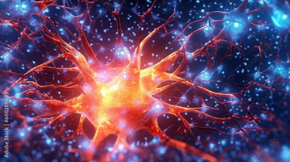 Medical illustration of human neuron cells neuroactivity: glowing brain link knots ...