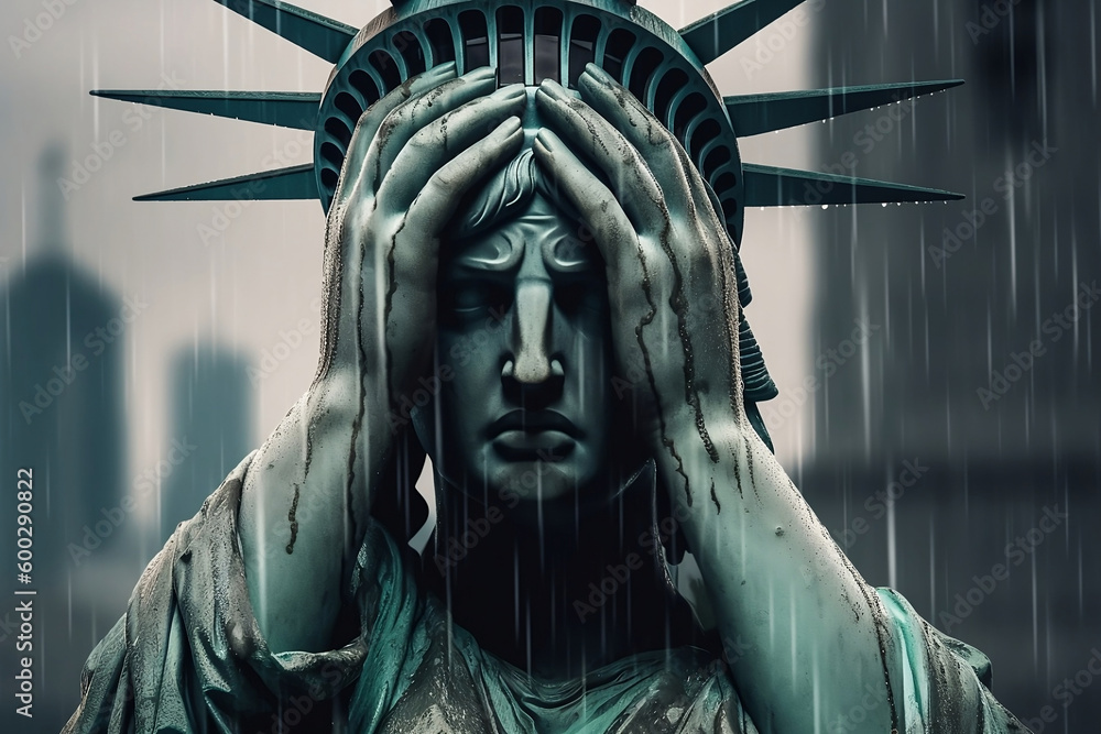 Statue of liberty crying with her hands covering her face, raining ...