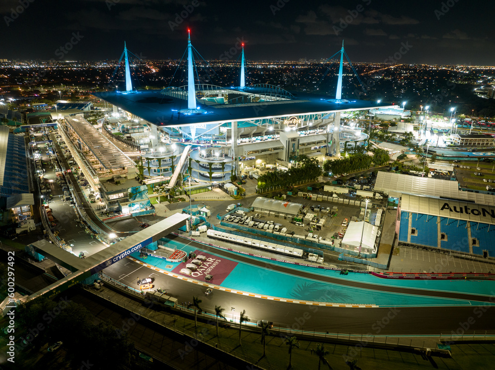 Night photo Formula One F1 Grand Prix race Miami Hard Rock Stadium ...