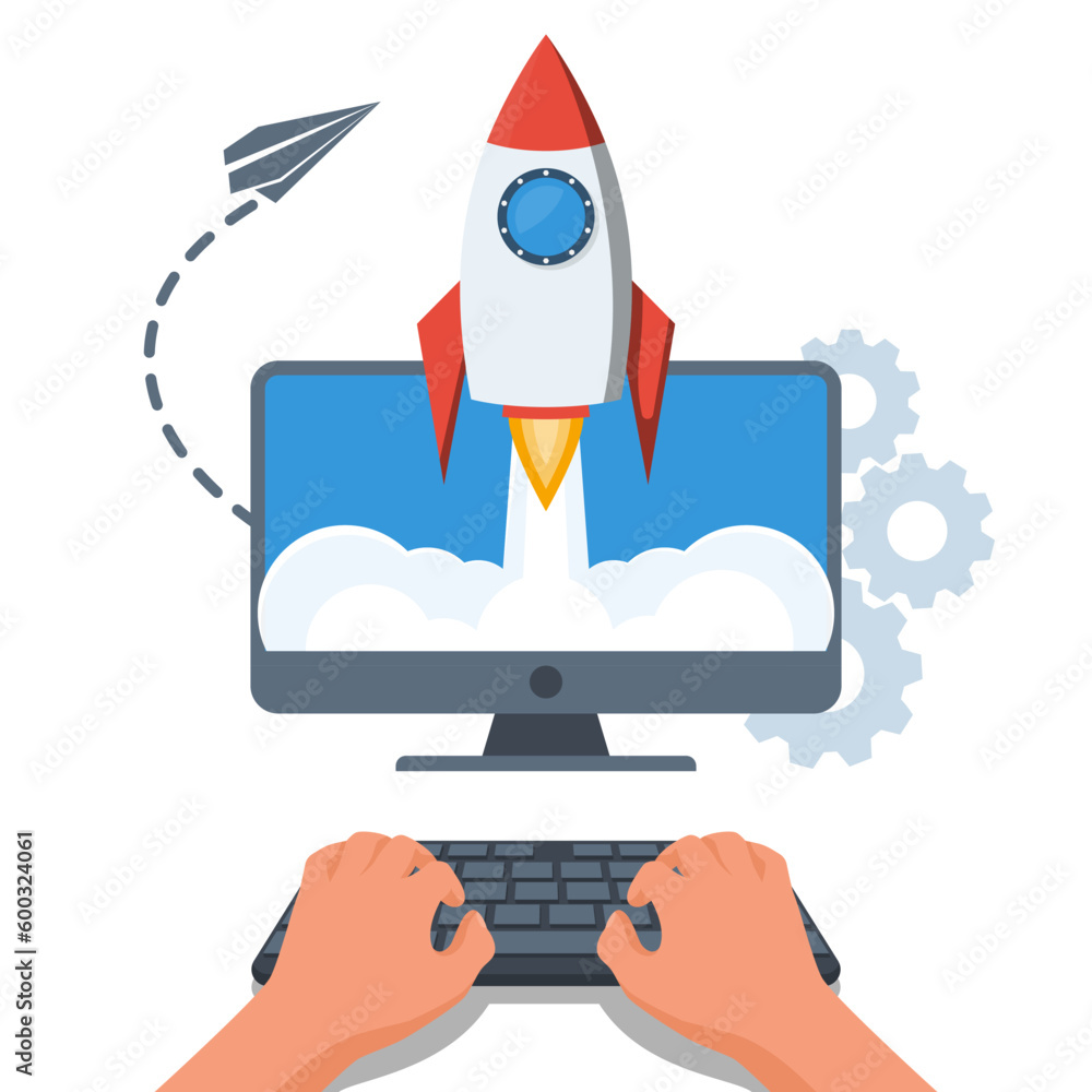 Start up concept. A businessman starts a project while working on a ...