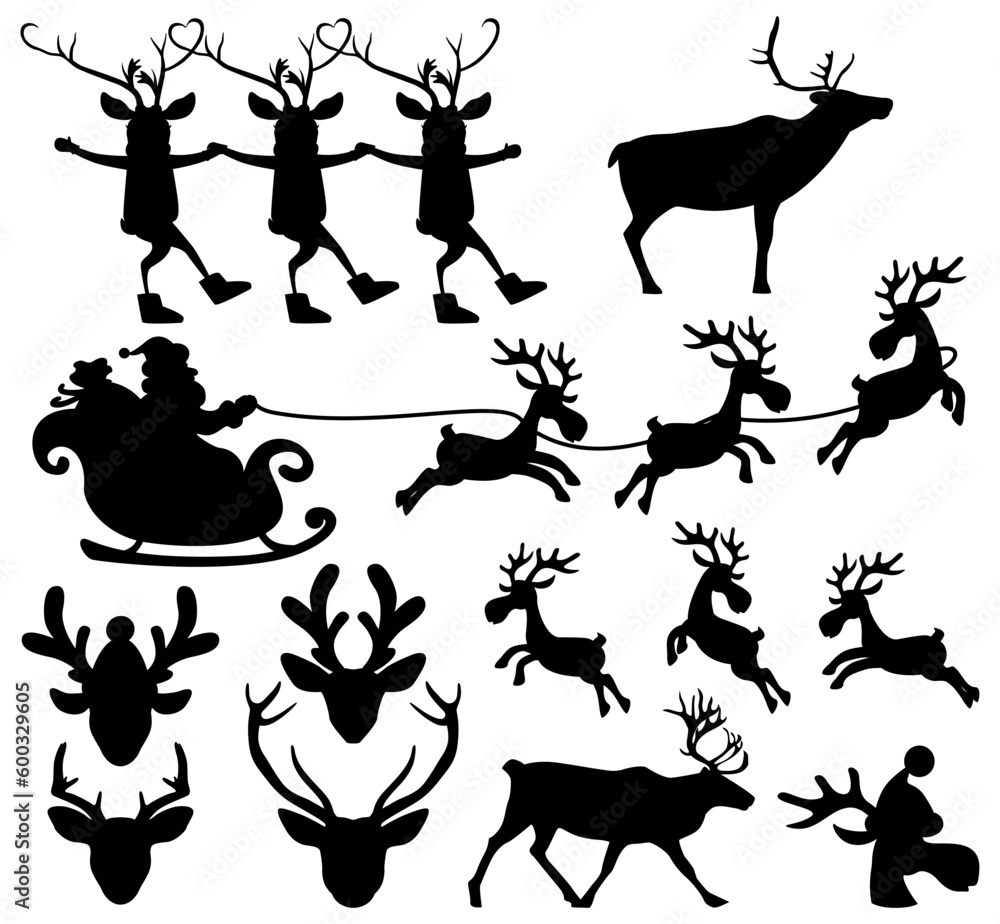 Christmas vector set of black deer silhouettes isolated on white ...