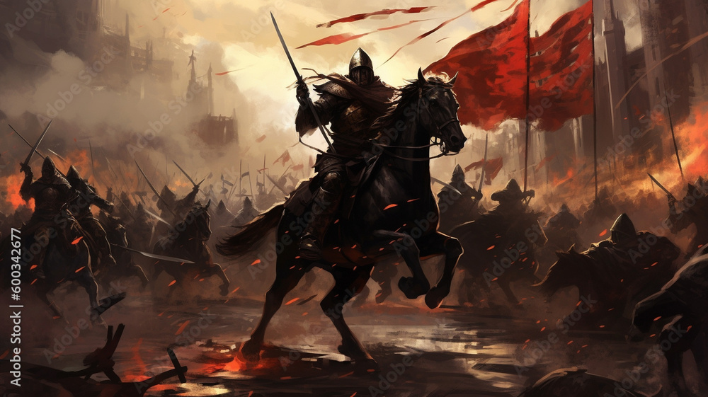 An epic battle scene with a medieval army charging into battle, horses ...