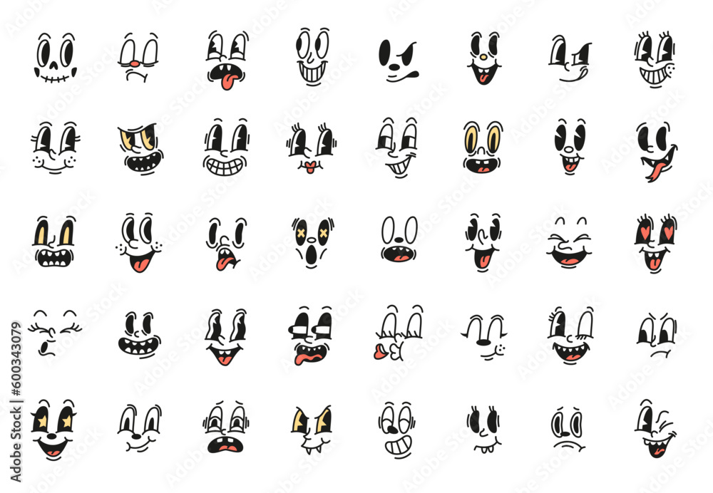 Comic retro faces. Vintage toons, different characters with expressive ...