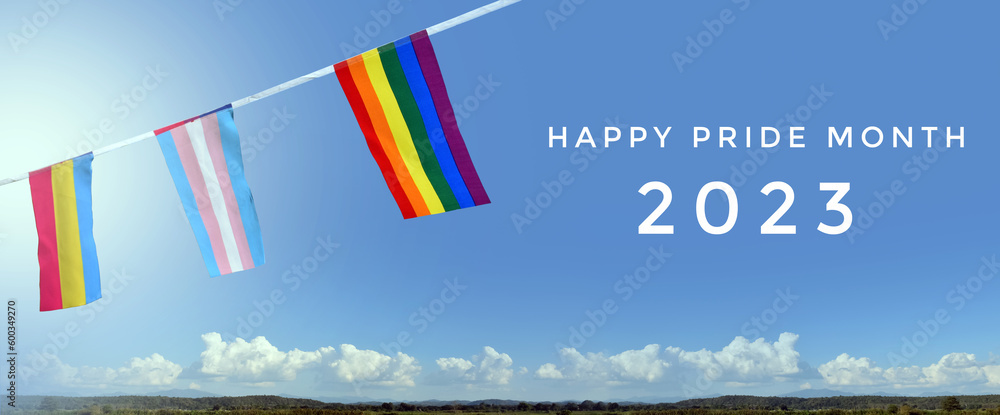 'Happy Pride Month 2023' on bluesky and rainbow flags background ...