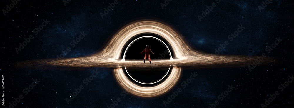 Astronaut looks at black hole in space devouring space and black matter ...