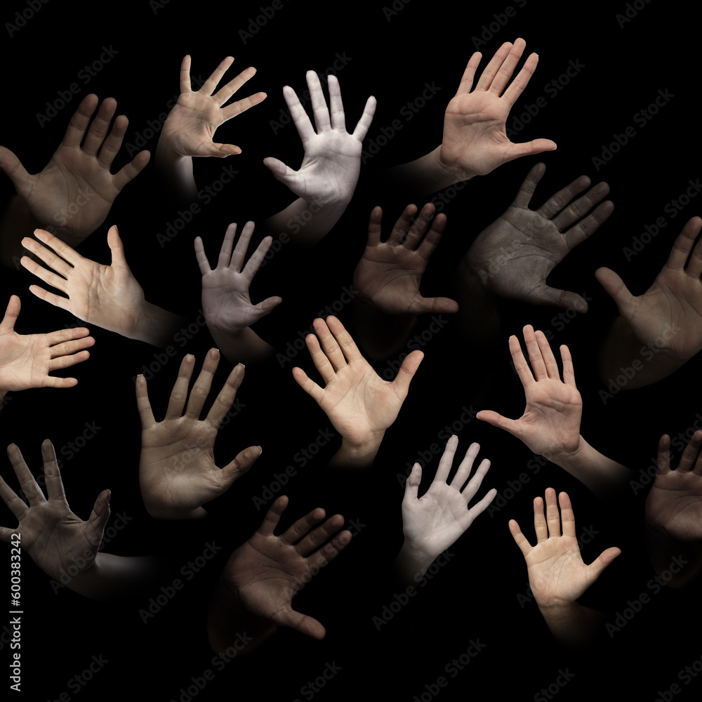 Freedom and humanity. Human hands, palms of different people of diverse ...