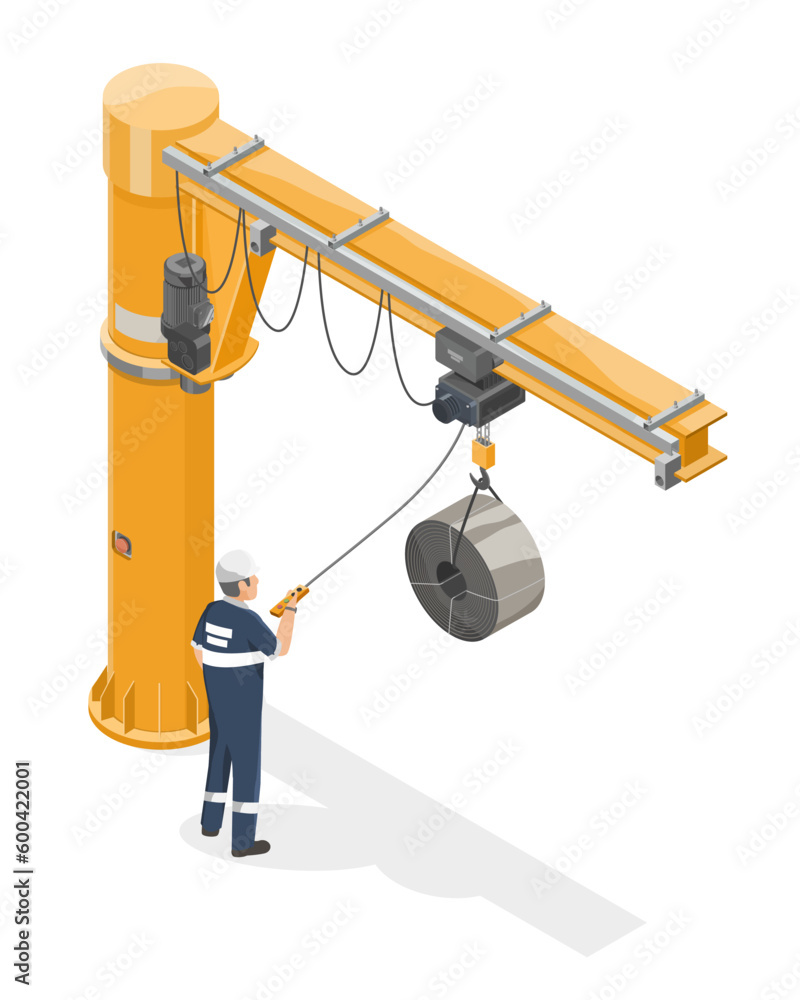 Operating Slewing jib medium crane worker lifting and moving heavy ...