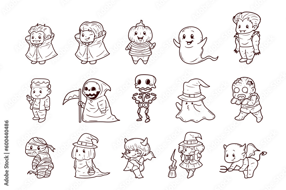 Set of halloween costume character hand-drawn outline sketch ...