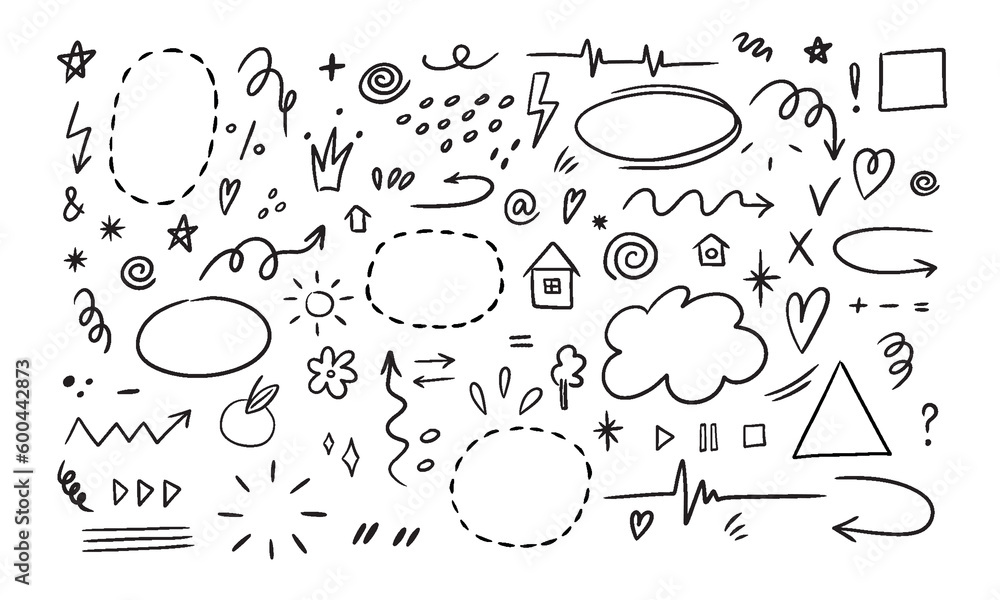 Hand drawn set of simple decorative elements. Various icons such as ...