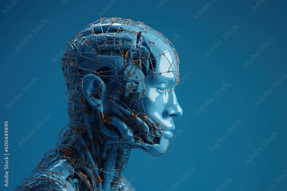 Generative AI image of robot with shiny surface and long wires while ...