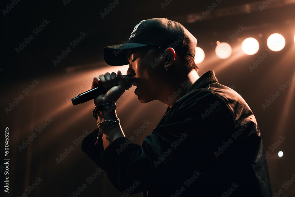Asian rapper on stage rap, dynamic pose, hero angle, AI generative ...