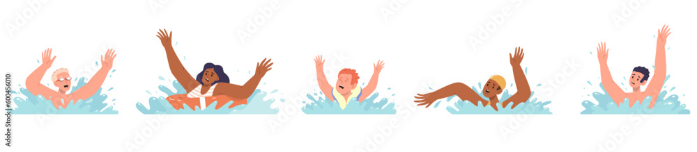 Isolated set of different drowning people cartoon characters in ...