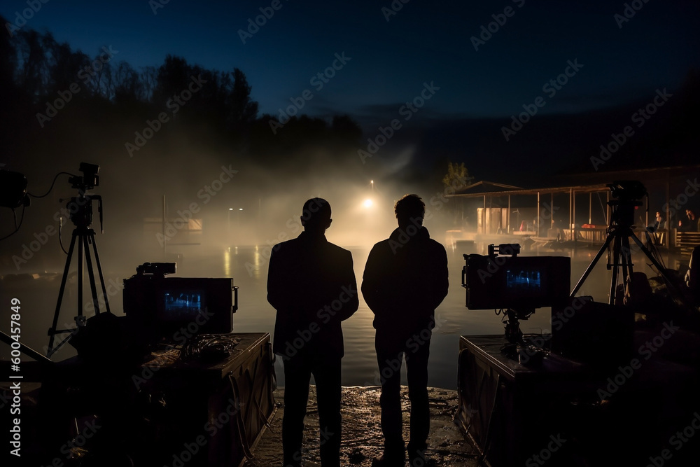 Behind the Scenes, outdoor movie production set, cameras, equipment ...