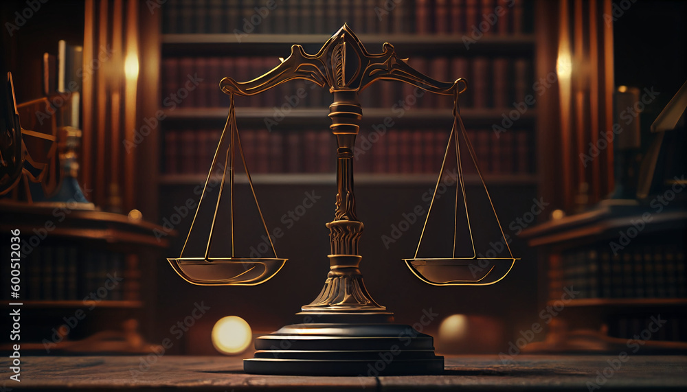 Shiny golden balanced scale in court library background Ai generated ...